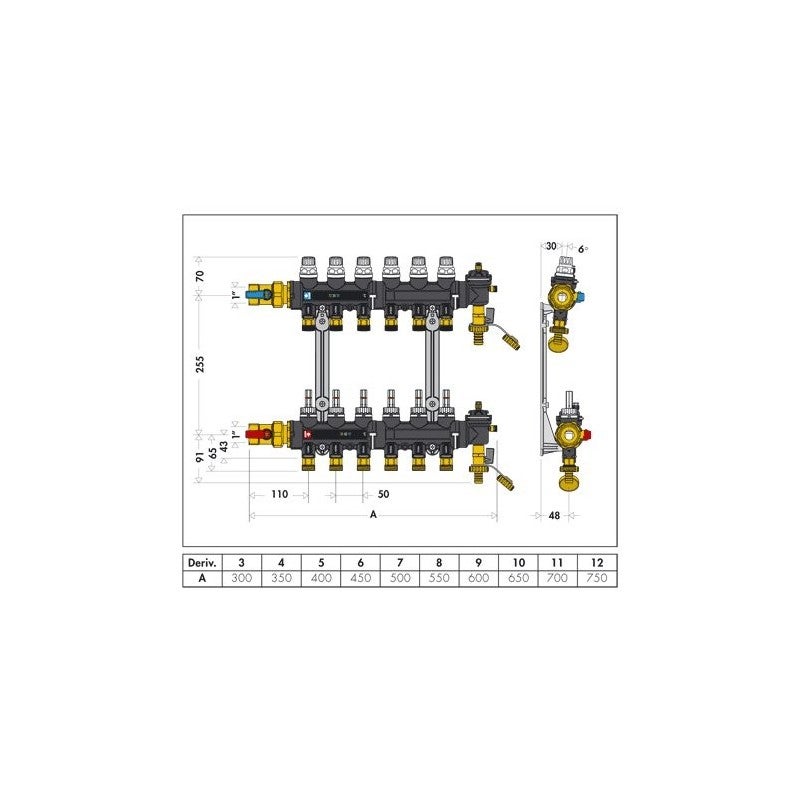 CALEFFI 671 Gruppo Collettore Premontato Senza Cassetta Diam.1"F 12 Derivazioni Diam.3/4"M ...