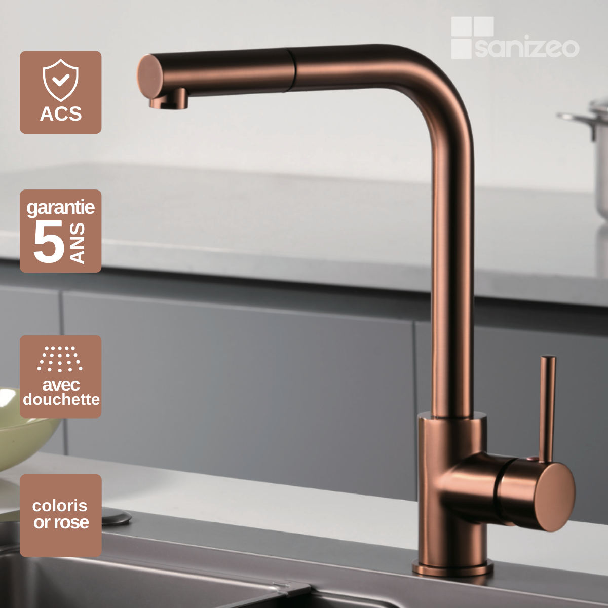 Robinet Mitigeur Évier Cuisine avec douchette extractible or rose ...