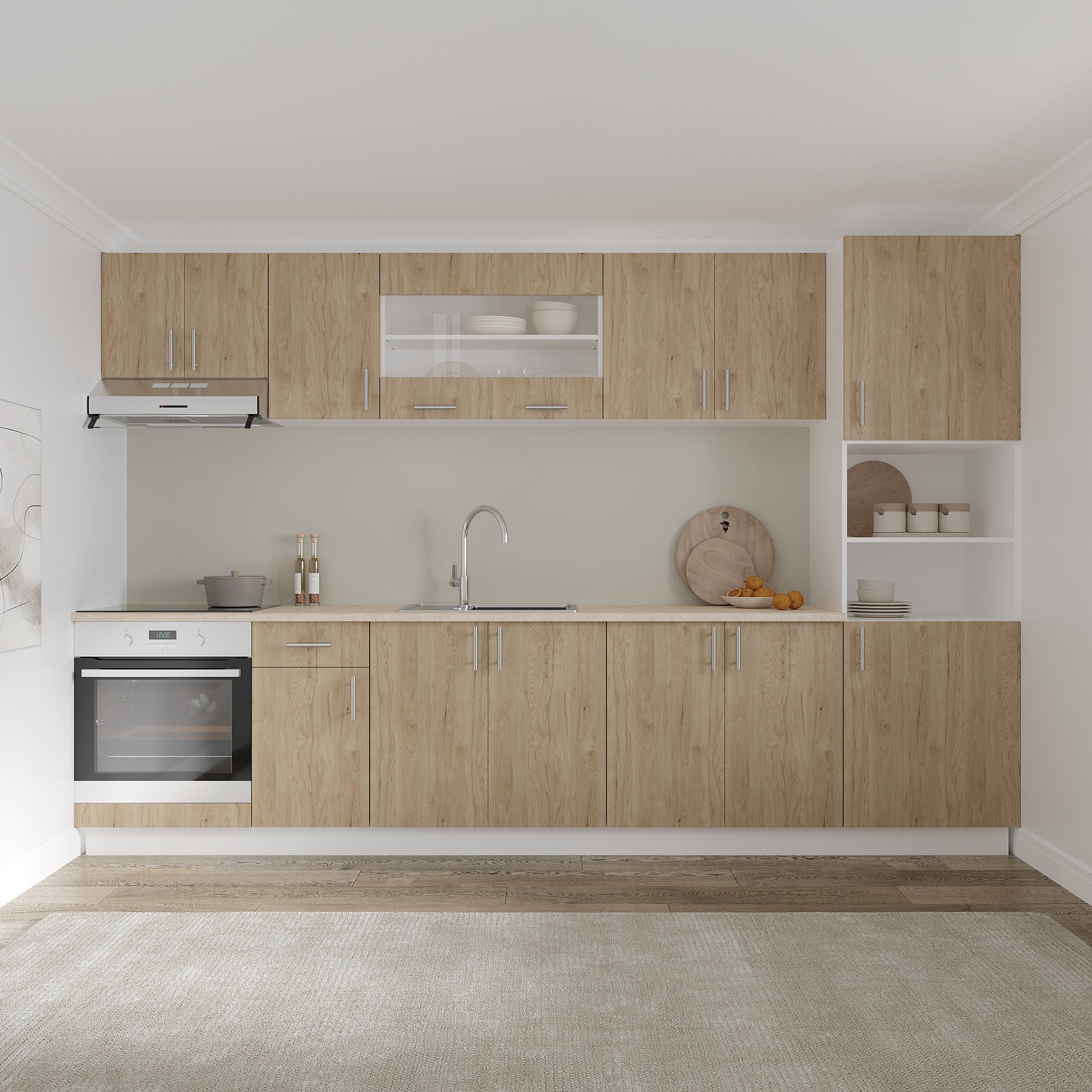 Set Cocina haaus Karo V30, Madera Natural/Blanco, Encimera Thermo 28 mm, L 320 cm | Leroy Merlin