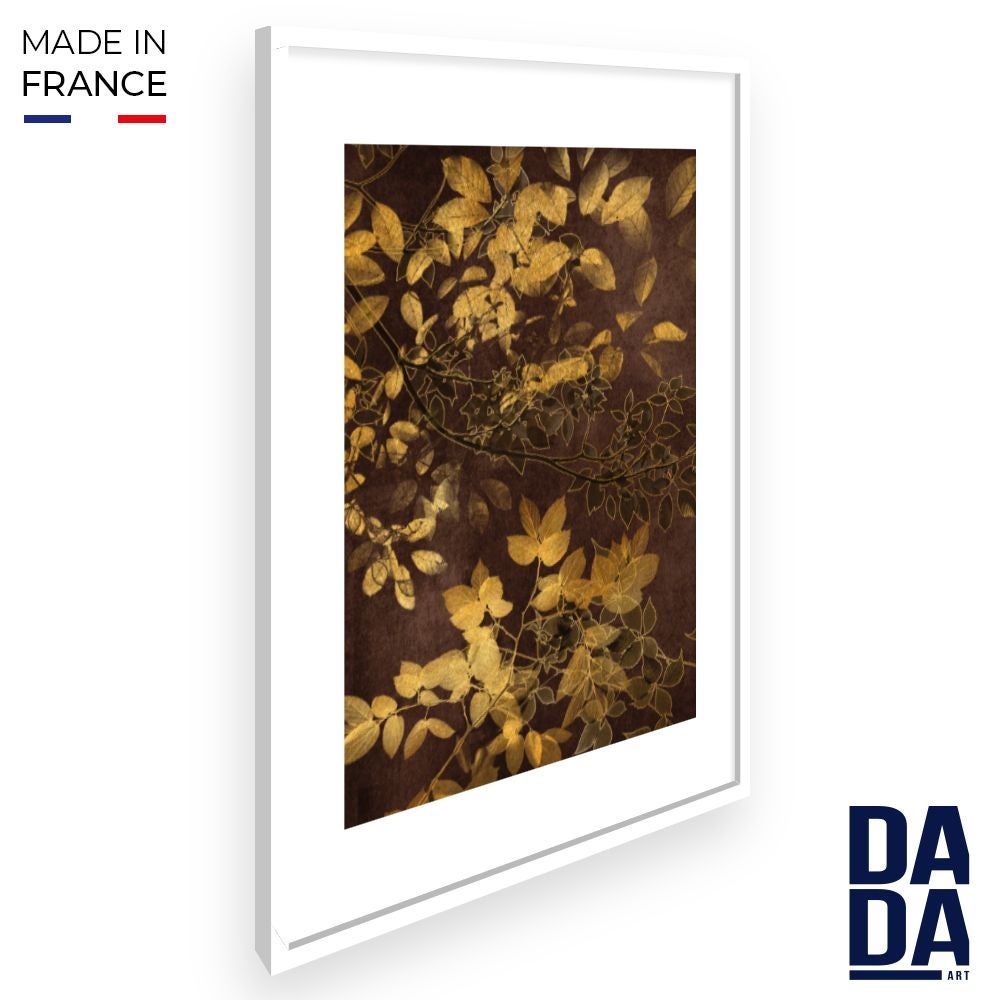 Image encadrée avec cadre BLANC / 30x40cm / Feuilles dorées élégantes ...