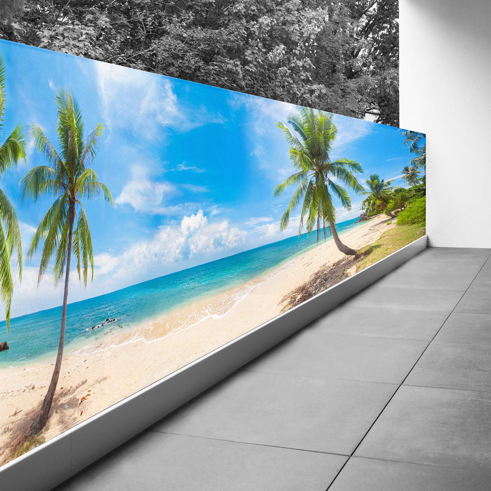 Brise vue Trompe l'oeil - 130x487 cm - Plage mer palmiers 3617689692722 ...