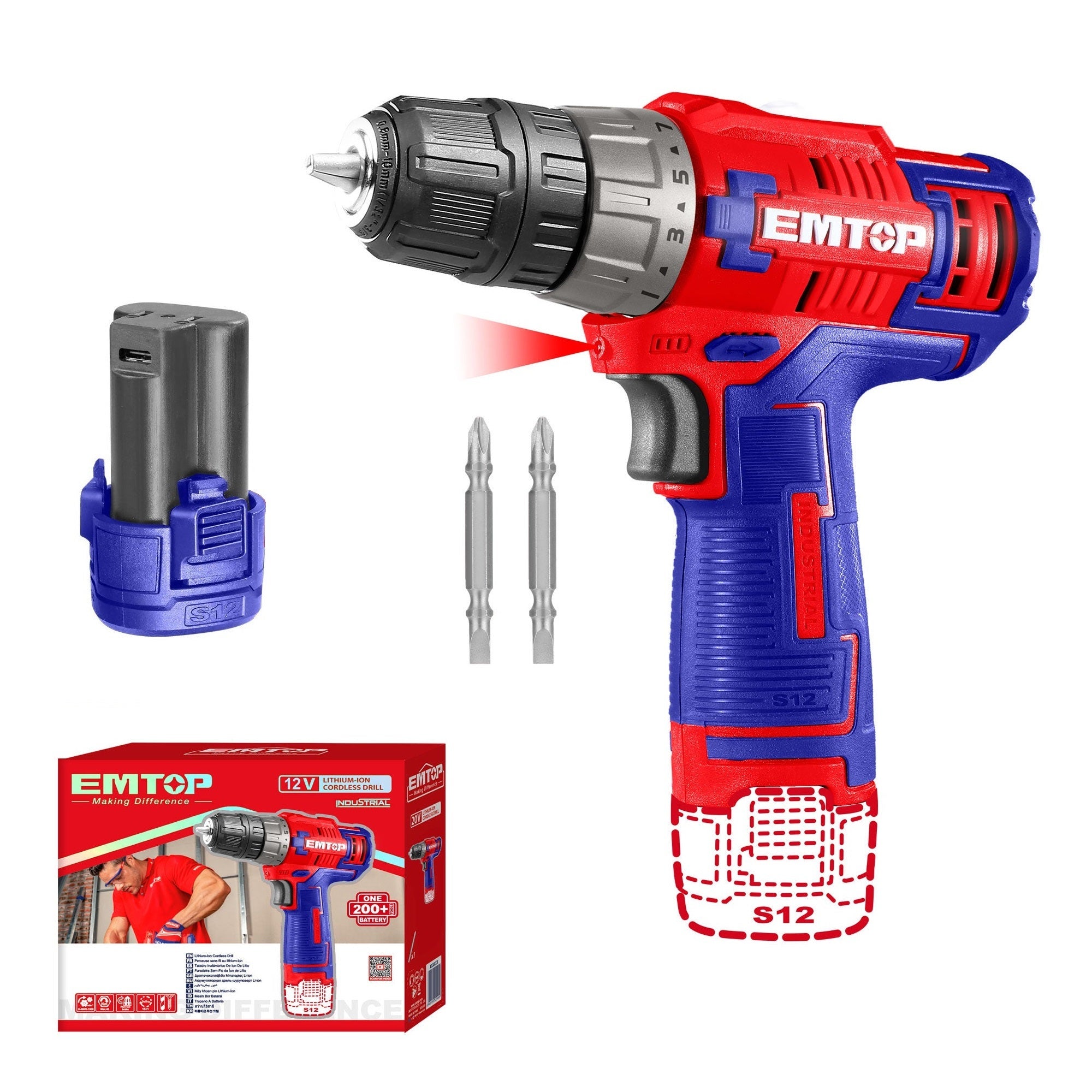 Perceuse visseuse sans fil EMTOP 12V avec 1 Batterie Lithium-ion 1.5Ah ...