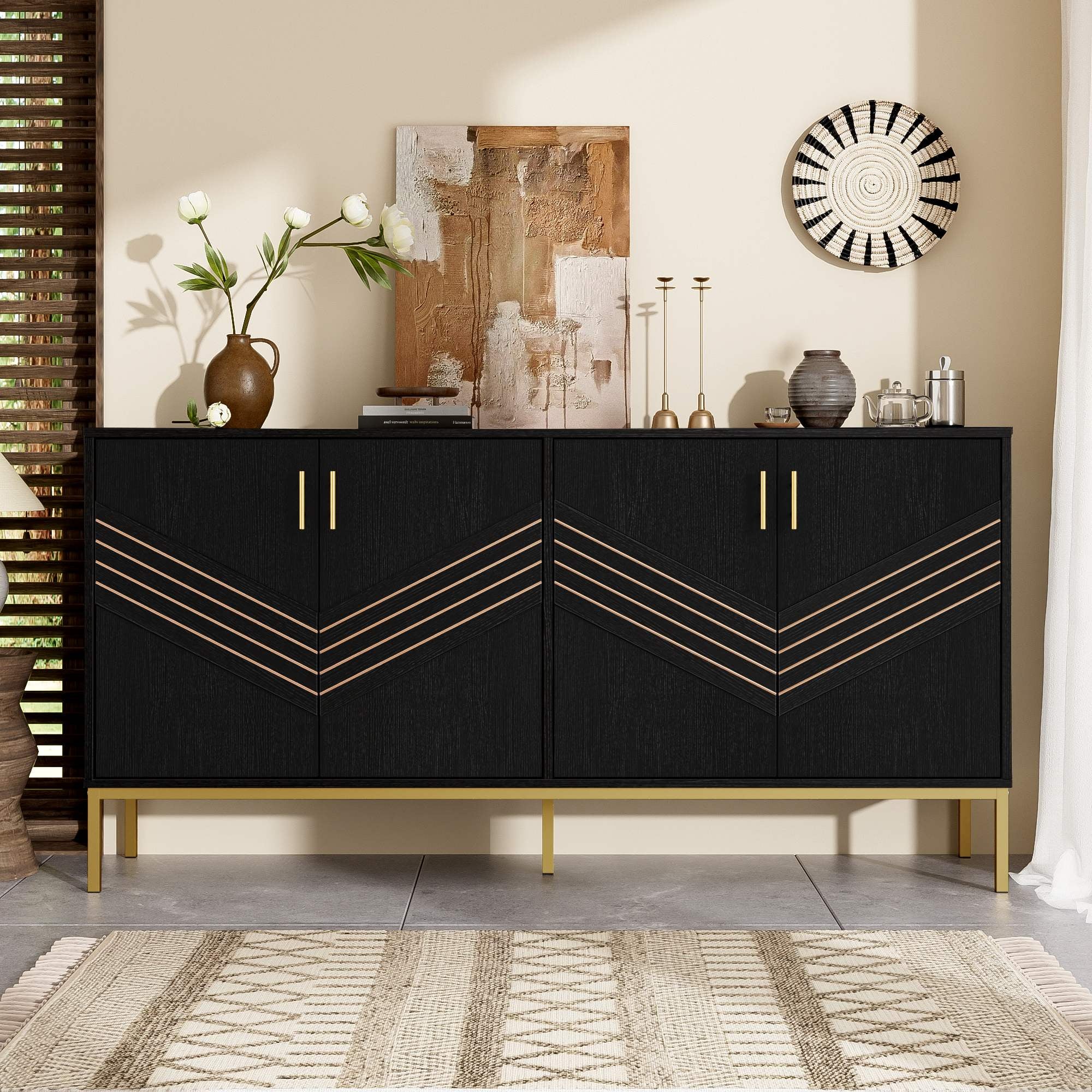 Cómoda moderna de 4 puertas - Elegante diseño en negro y dorado, patas ...
