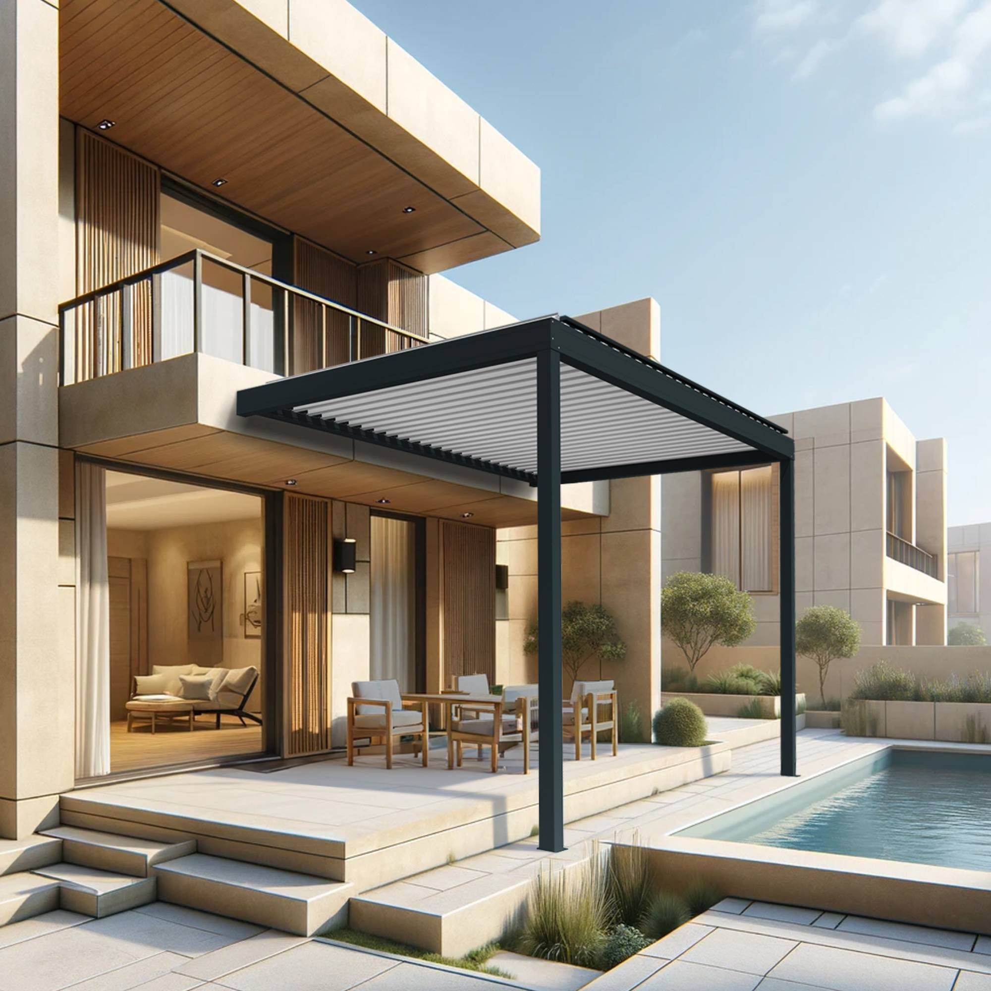 Pergola bioclimatique DASHURIA perpendiculaire 4.051 x 3.50m Vérin à ...