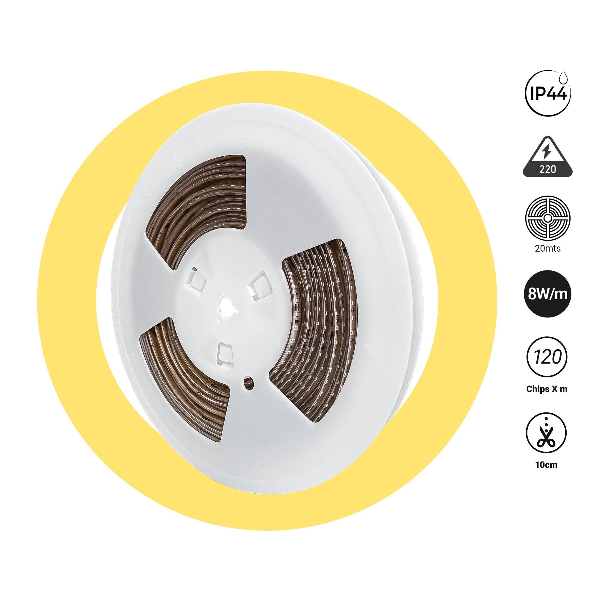 Tira LED 220V AC - Monocolor - 8W/m - 6.5mm - IP44 - 20 metros - 120ch ...