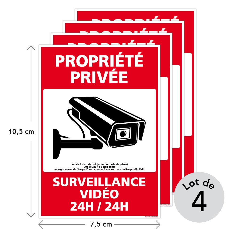 Lot de 4 panneaux propriété privée surveillance vidéo 24H/24 avec loi - Signalisation sécurité ...