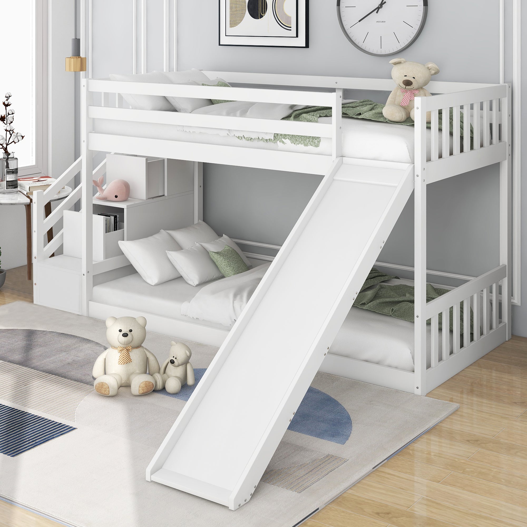 Litera con escalera y tobogán, cama infantil con 2 cajones en la ...