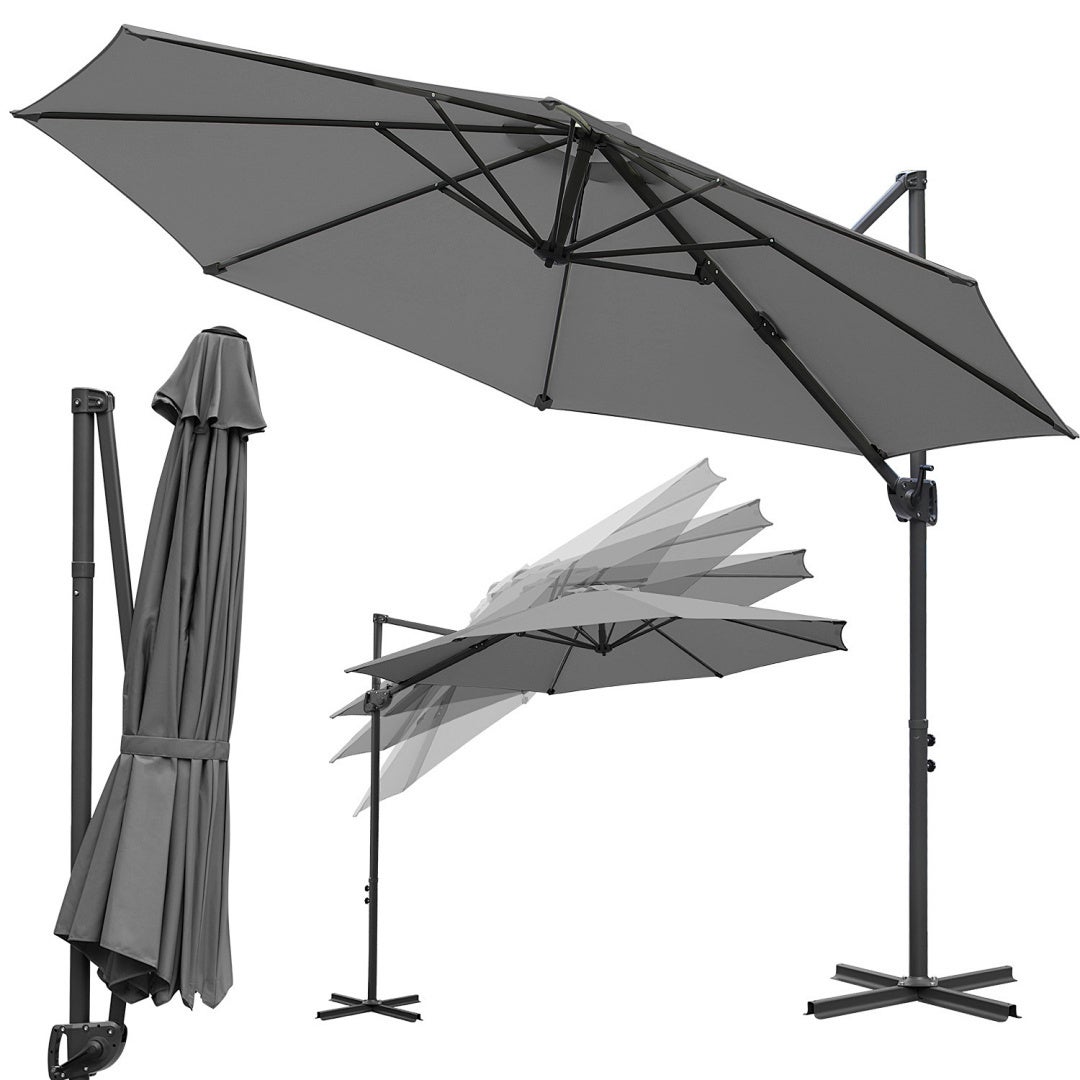 Parasol déporté gris 300 cm, inclinable multi-angles, rotation complète ...