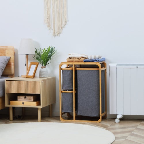 Panier à linge en bambou avec 3 sacs amovibles, tri du linge, étagère ...