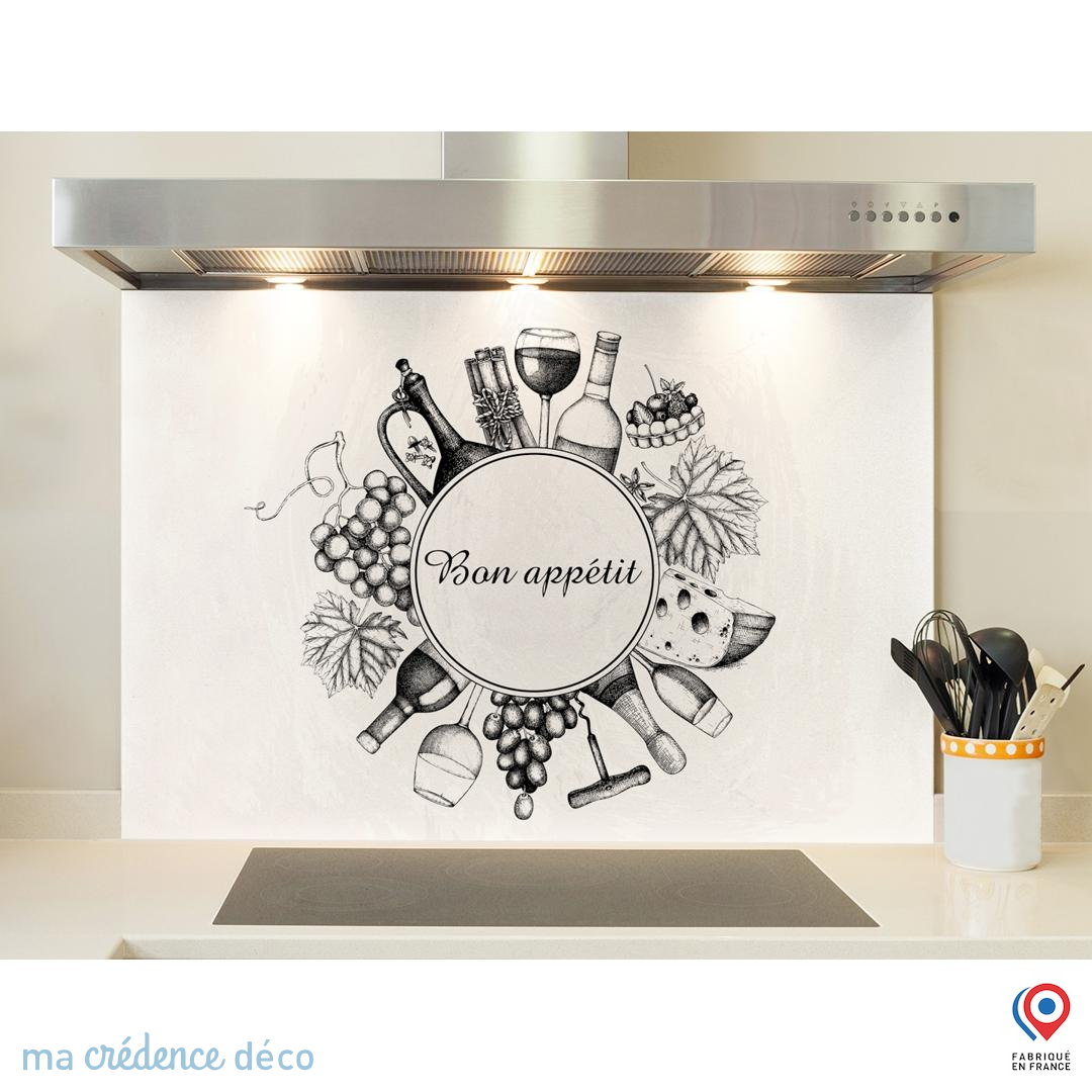 Crédence cuisine fond de hotte Bouteilles et raisins fond blanc - Verre trempé - L 80 cm x H 80 ...