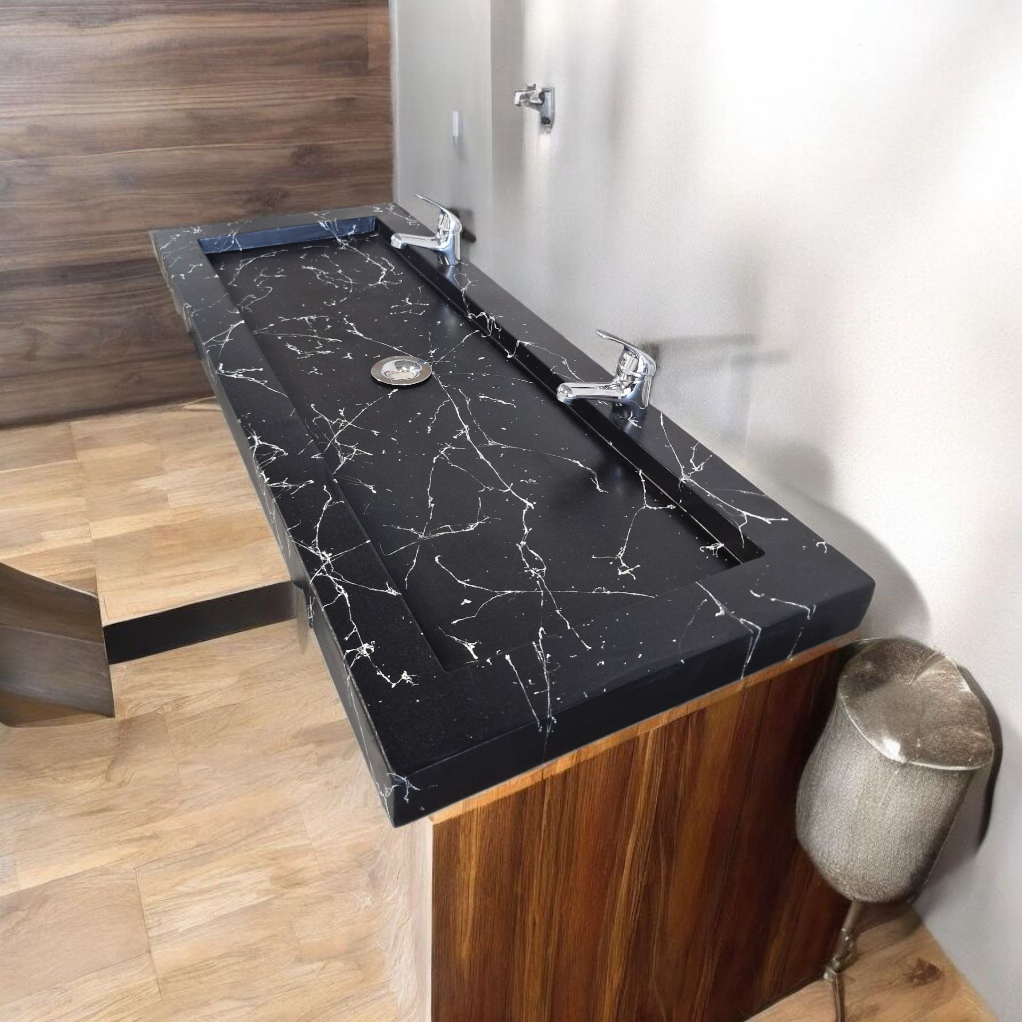 Plan vasque double,beton fibré cimenté ,Gakeal,noir effet marbre ...