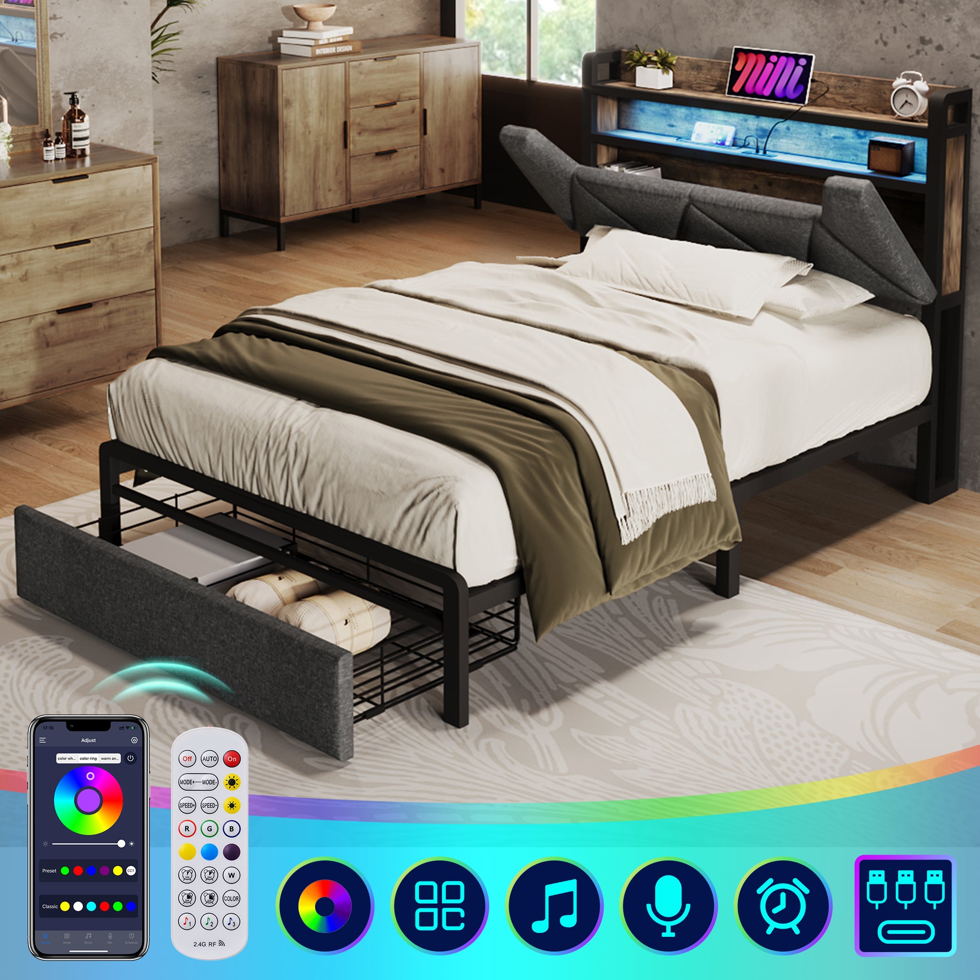 Lit rembourré simple 90×200cm gris, rangements, charge USB Type‑C ...