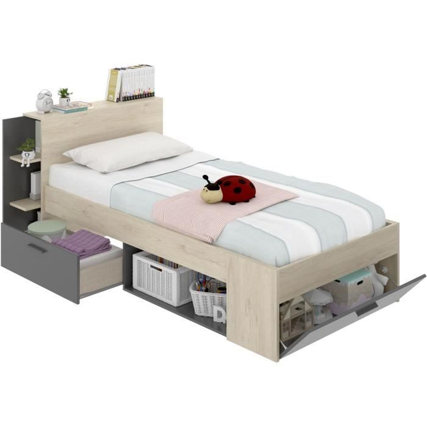 Cama infantil con almacenaje múltiple - roble y antracita - 90 x 190 cm ...