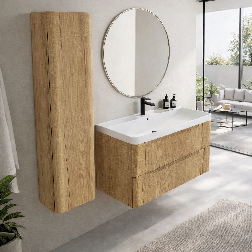 CONJUNTO MUEBLE DE BAÑO SUSPENDIDO MODELO IRUN 80 CM. 2 CAJONES ROBLE ...