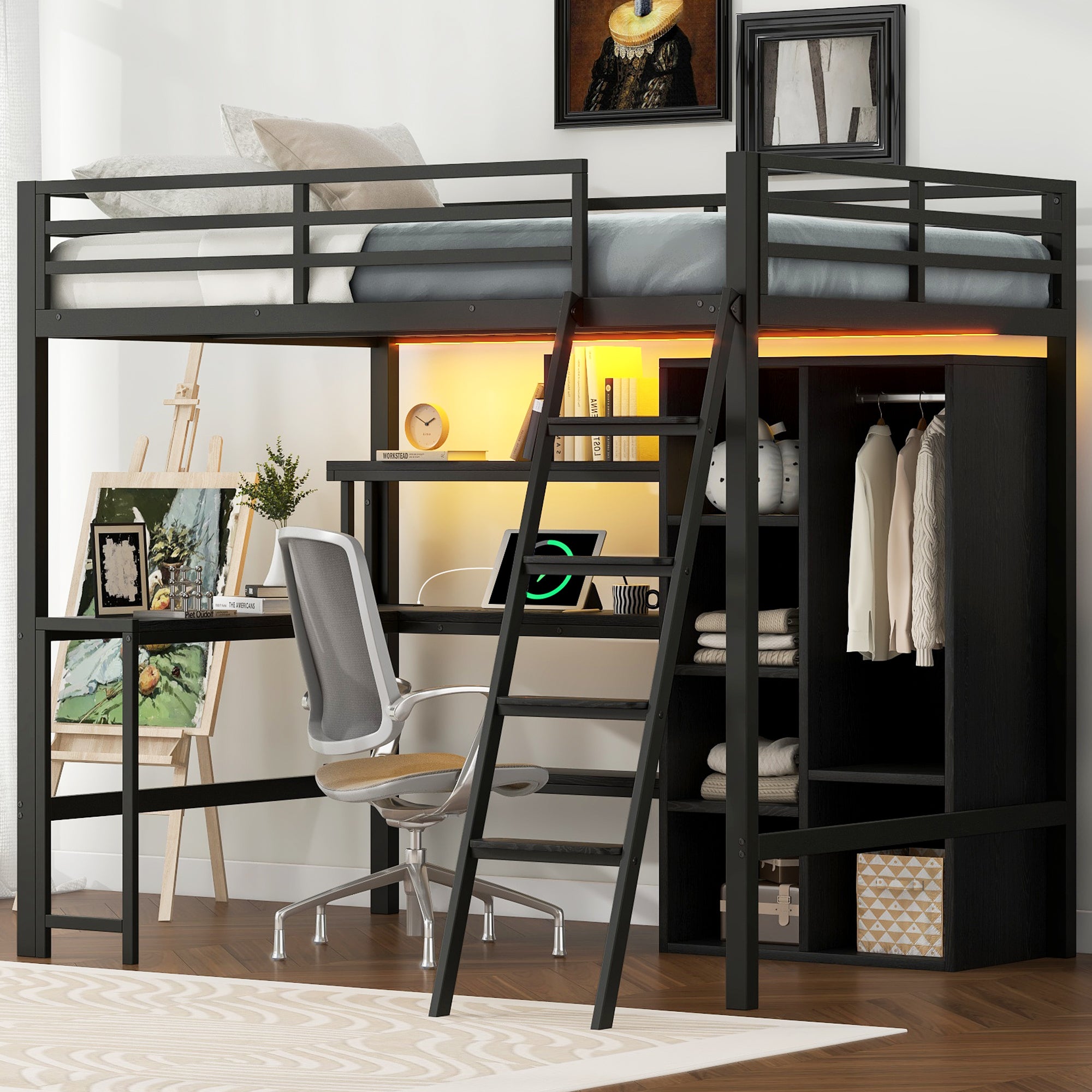Lit mezzanine en métal 140 x 200 cm avec bureau USB, armoire ouverte et ...