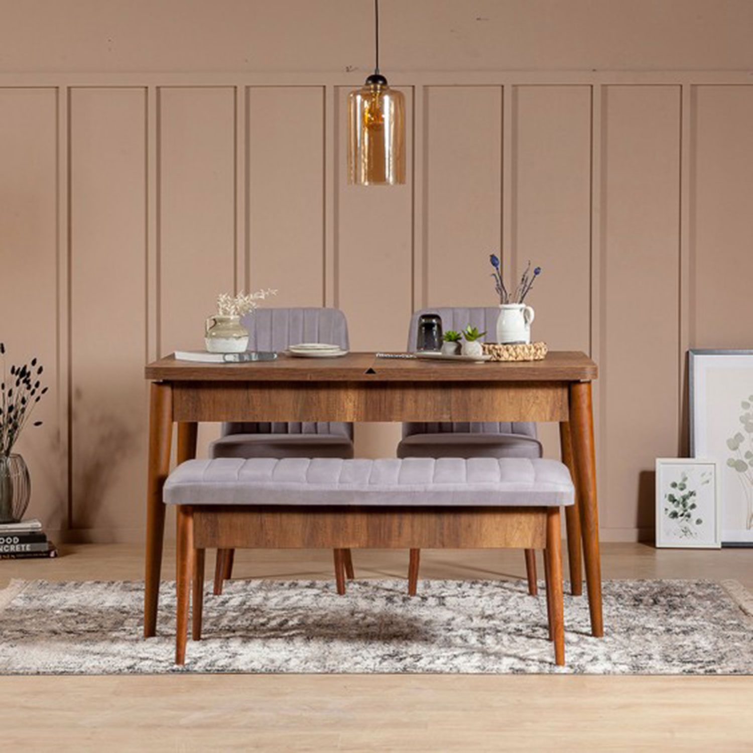 Set table extensible 2 chaises et banquette Malva Bois foncé et Tissu Gris | Leroy Merlin