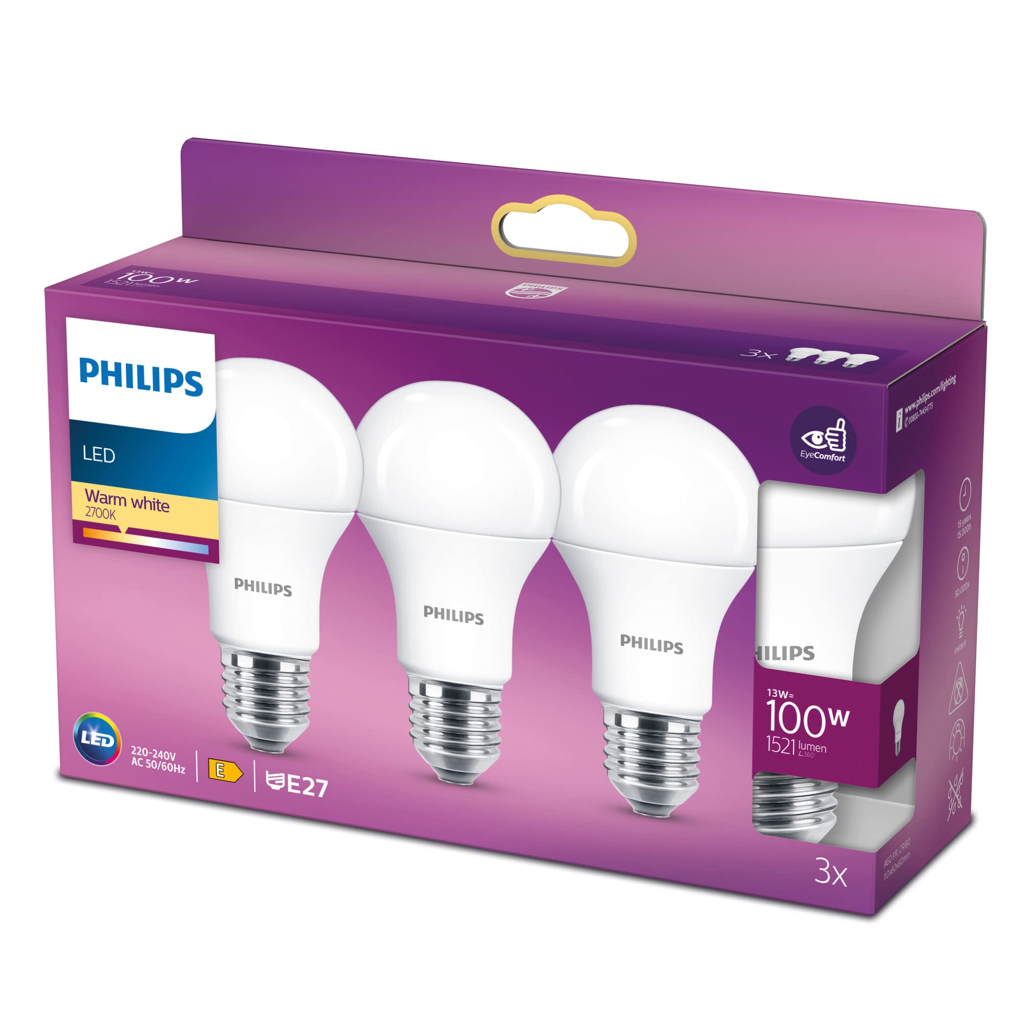 Pack 3 Ampoule LED Philips E27 A60 13W 1521Lm 2700K [PH-929001234535] | Leroy Merlin
