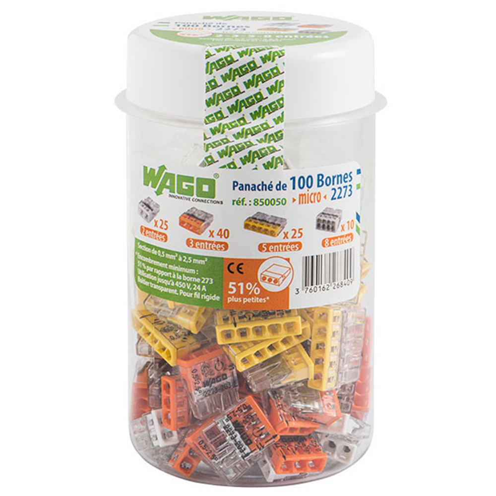 Flacon de 100 mini bornes WAGO, 24 A, 450 V, connexion PUSH WIRE®, fils ...
