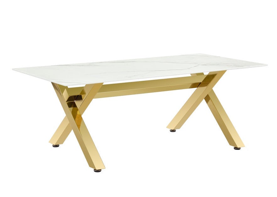 Table Basse IXE Métal Gold Plateau Verre Trempé Marbré Blanc ...
