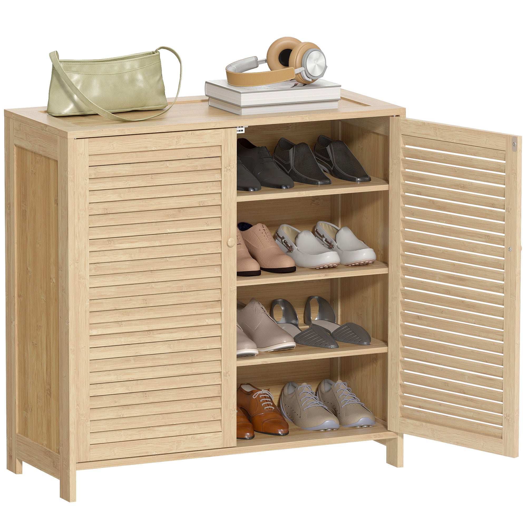 Meuble à chaussures en bambou avec portes persiennes, capacité de 14 ...