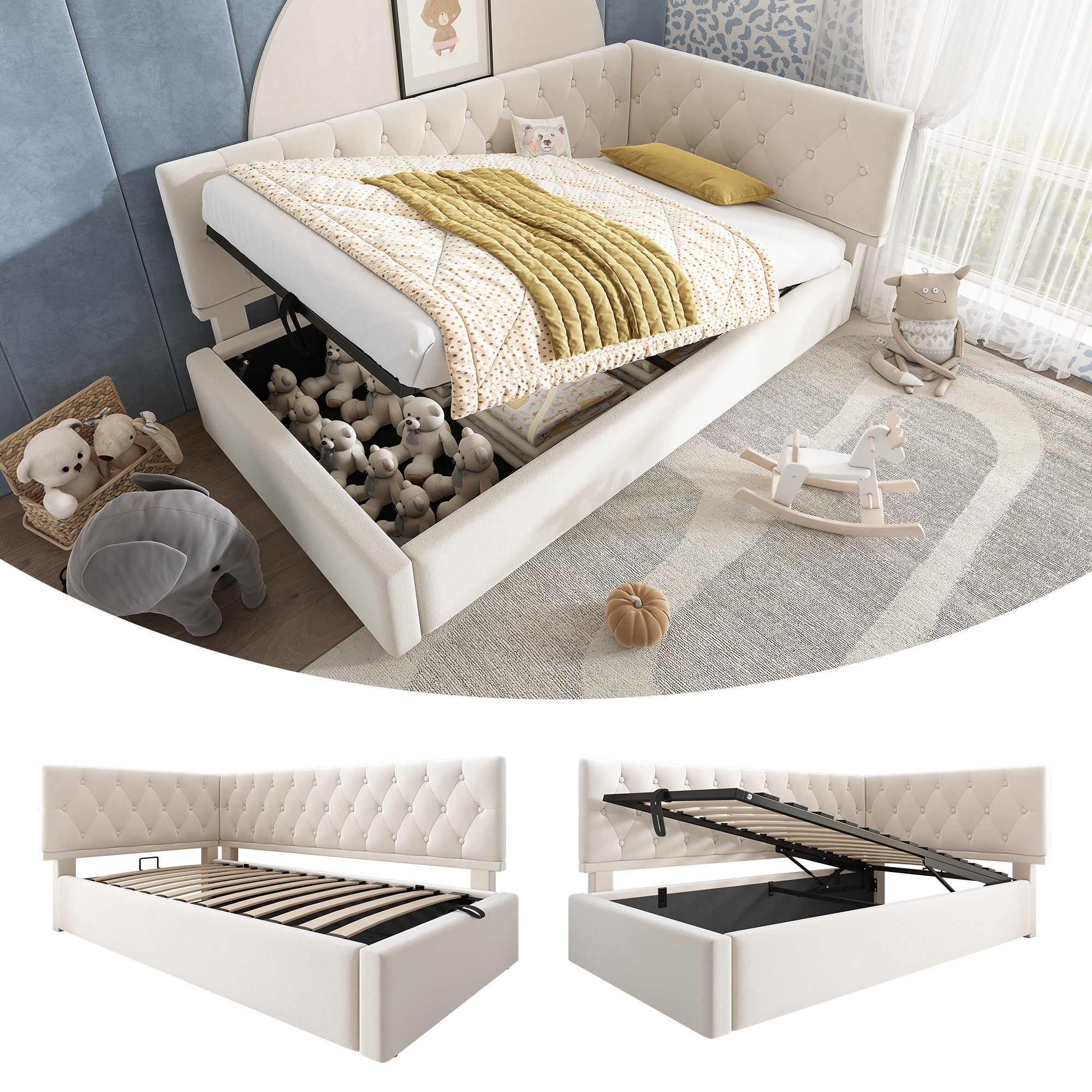 Lit 90x190cm avec sommier en bois - Velours beige - Rangement ...