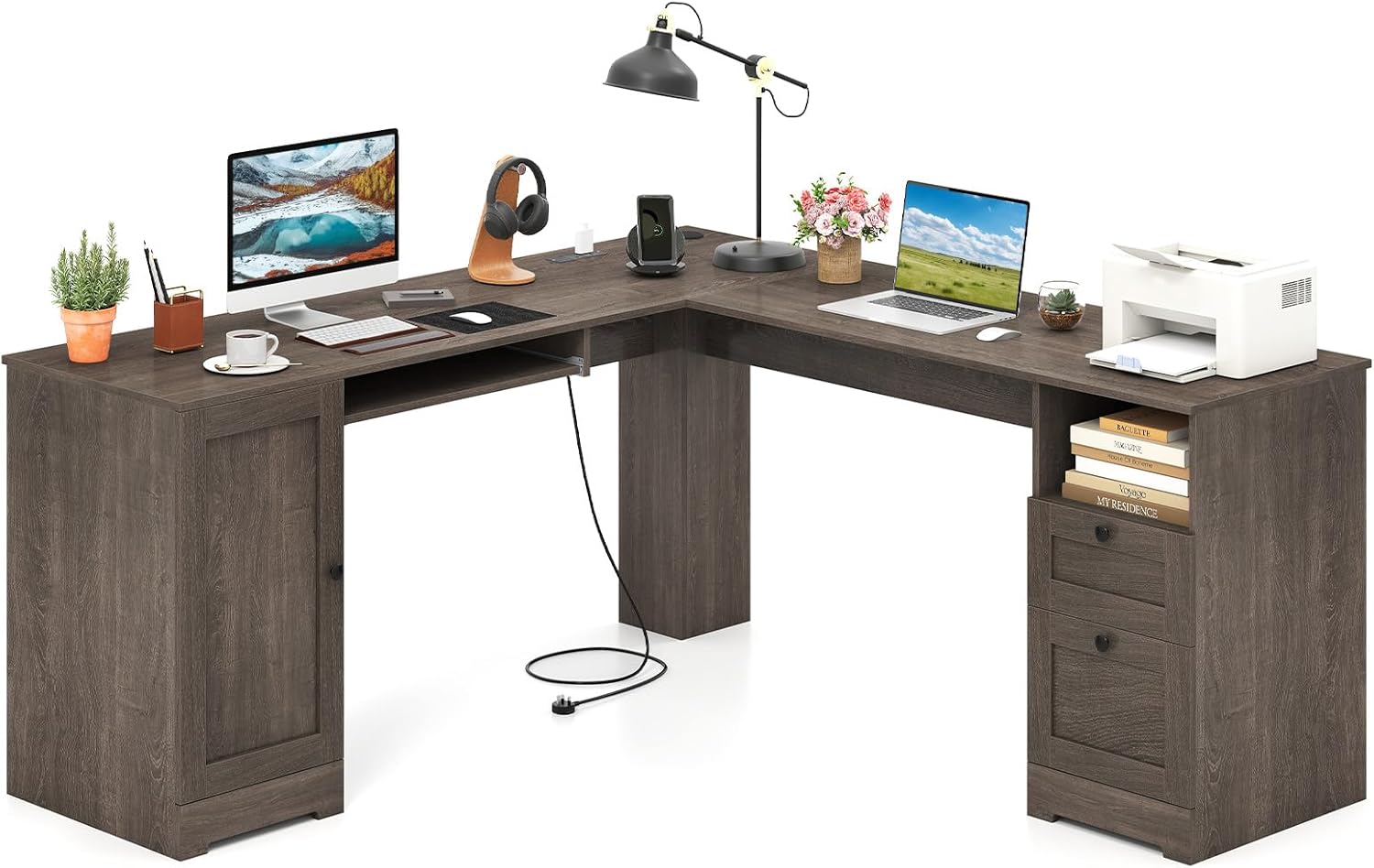 COSTWAY Bureau d'Ordinateur en Forme de L de 168 cm, avec Ports de ...