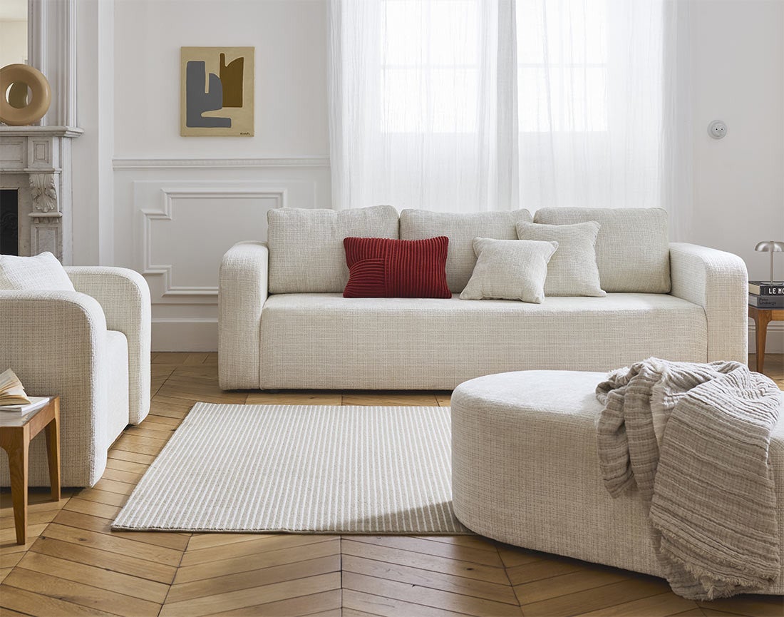 Canapé droit convertible 3 places avec coffre en velours texturé beige ...