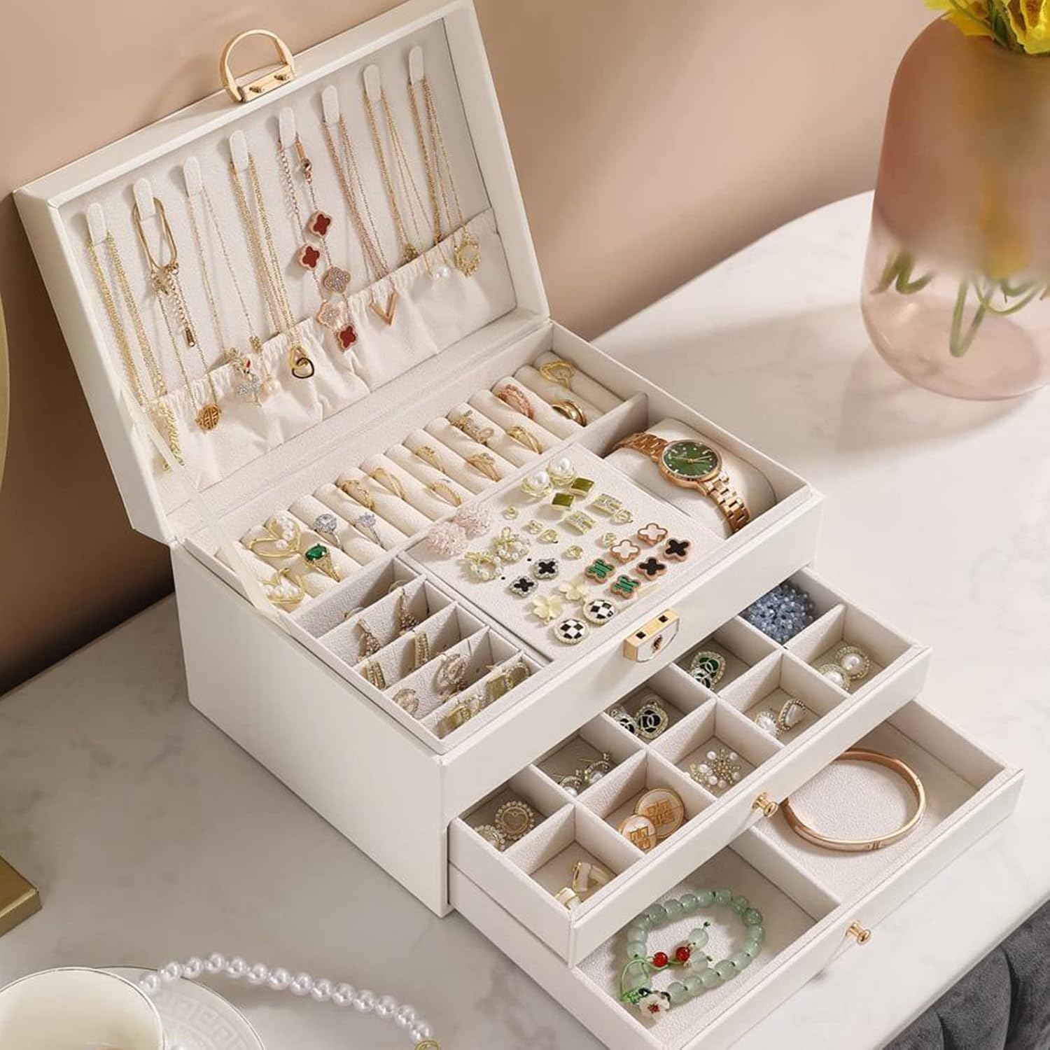 Boîte à Bijoux,Coffre 3 Niveaux Rangement Bijoux Verrouillable avec ...