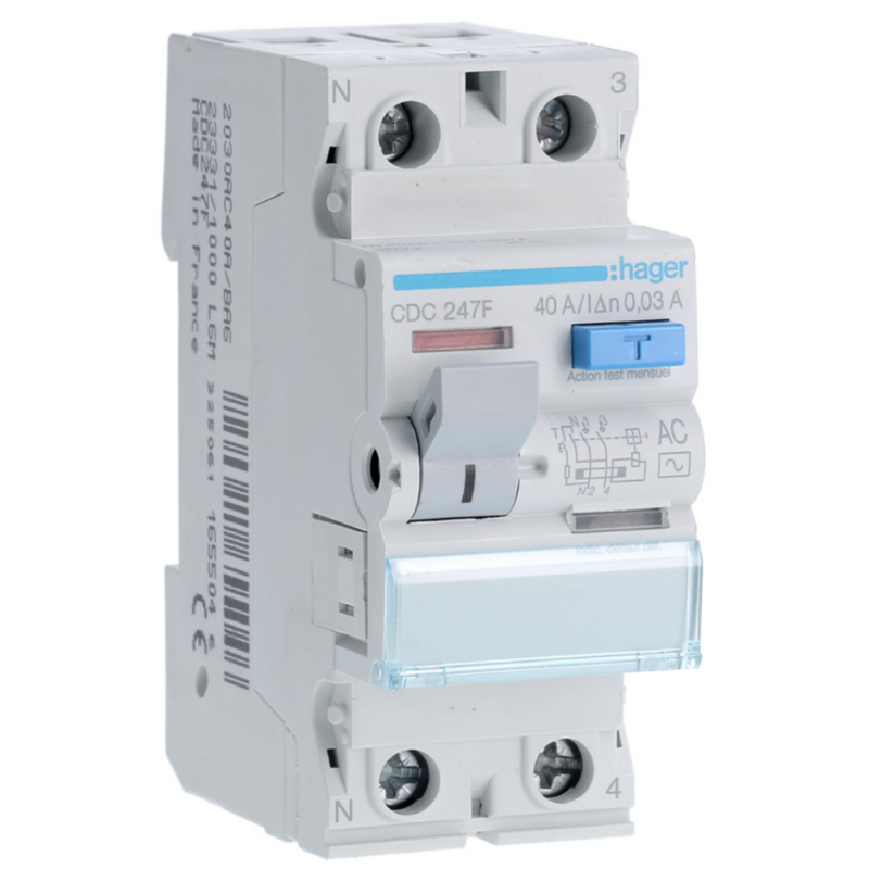 Interrupteur différentiel 2P 40A 30mA type AC 60Hz - HAGER - CDC247F | Leroy Merlin