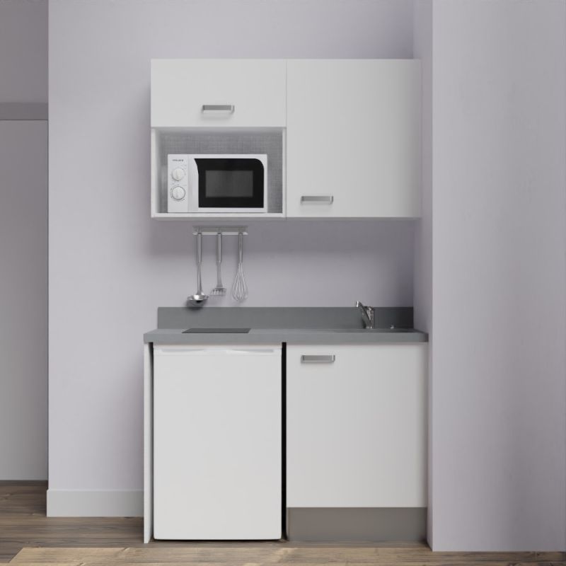 Kitchenette 120 cm modèle K07 - façades Blanc - plan monobloc en quartz ...