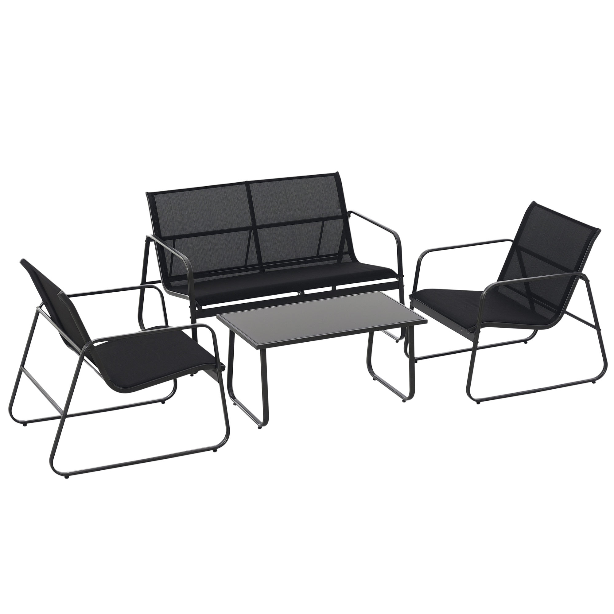 Ensemble jardin noir 4 pièces canapé 2 places 2 fauteuils table verre ...
