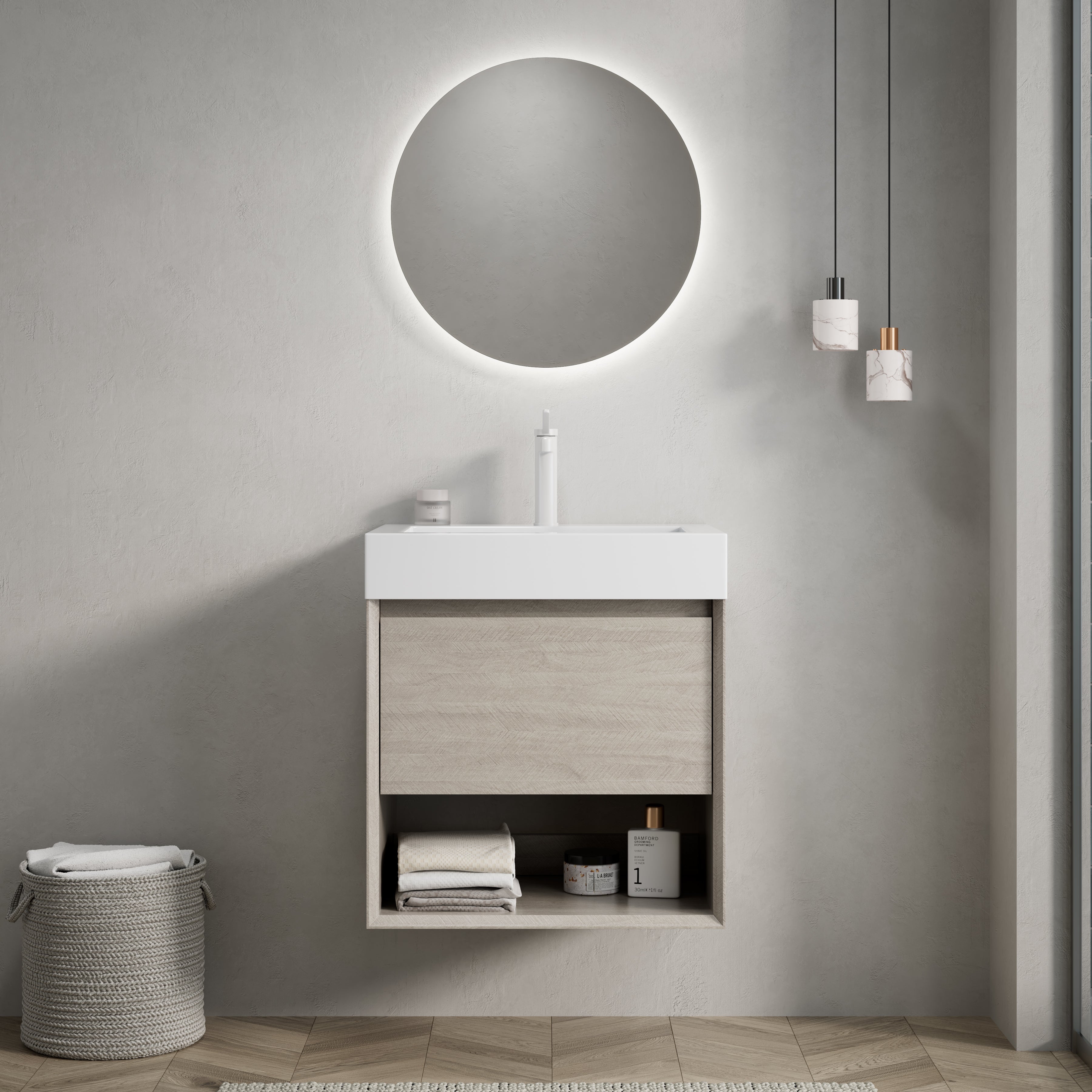 Meuble Vasque Salle de Bain Résin Blanc Brillant 55cm, Façades Chêne ...