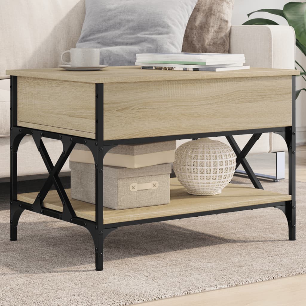 Mesa de centro roble Sonoma 70x50x50 cm madera contrachapada y metal ...