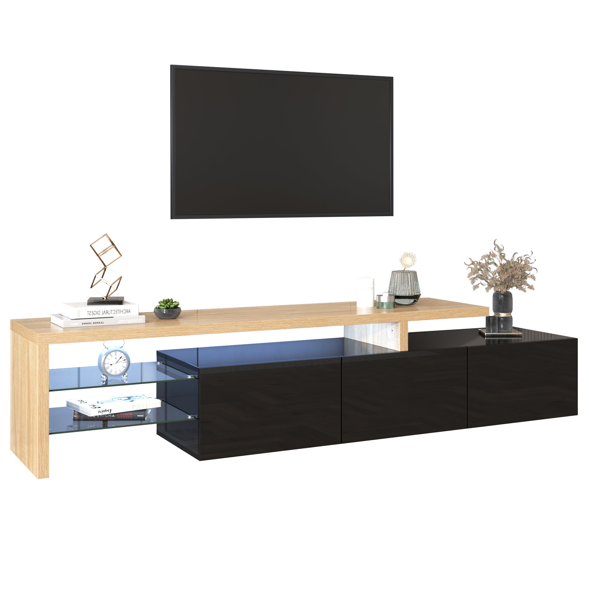 Support TV moderne en noir laqué et bois, design élégant avec ...
