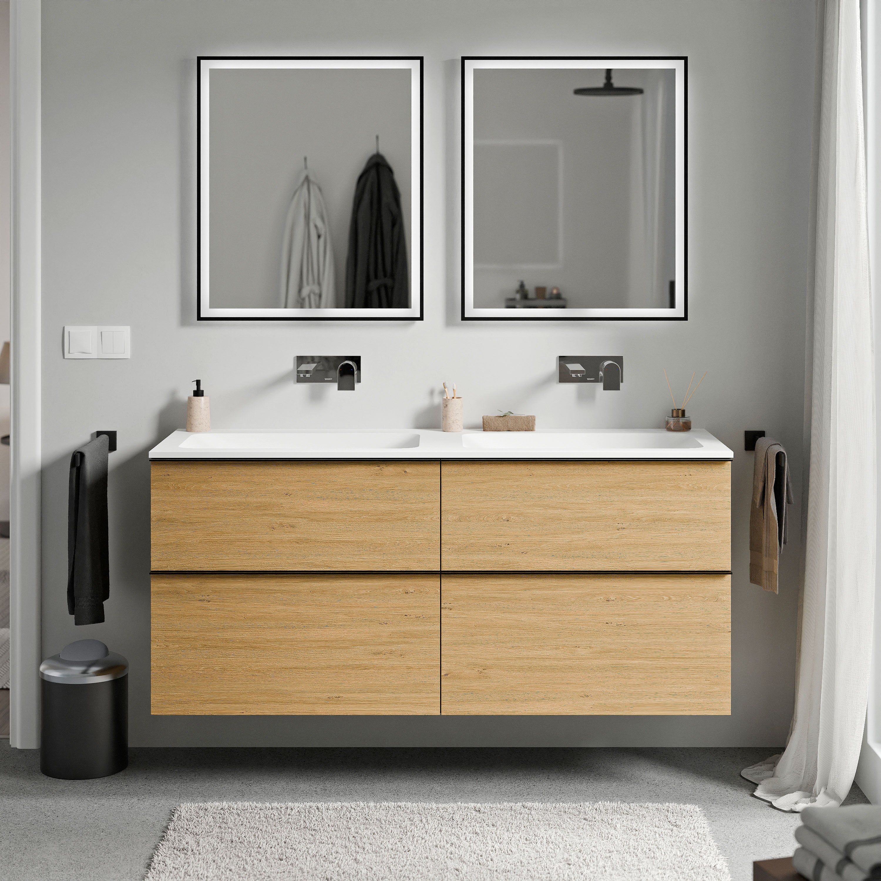BERNSTEIN - Meuble vasque suspendu MDF Chêne miel, lavabo fonte Blanc ...