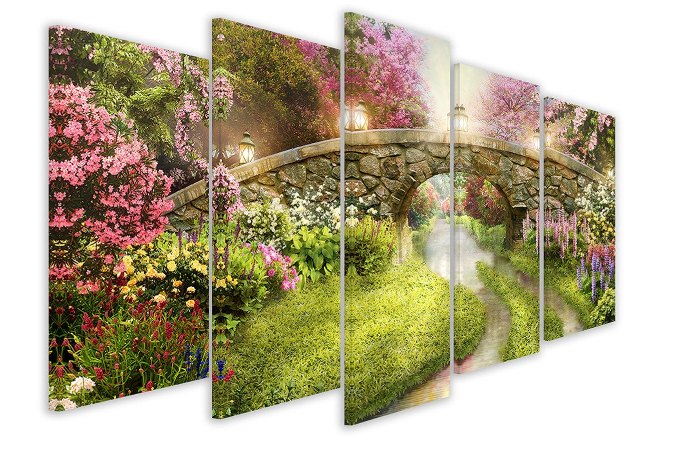 Tableau 5 parties paysage illustré pont de pierre - 150x80 cm | Leroy ...