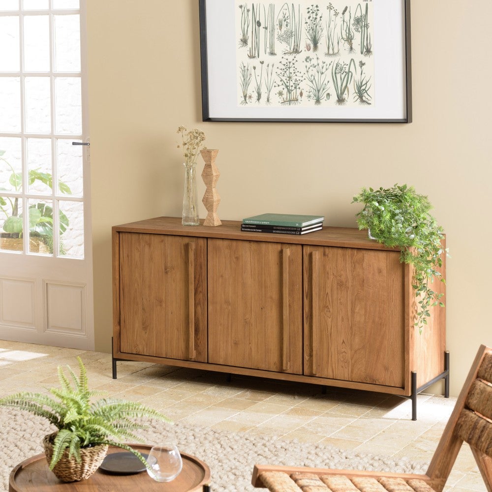 SIXTINE - Buffet 3 portes en bois de teck recyclé pieds en métal noir ...