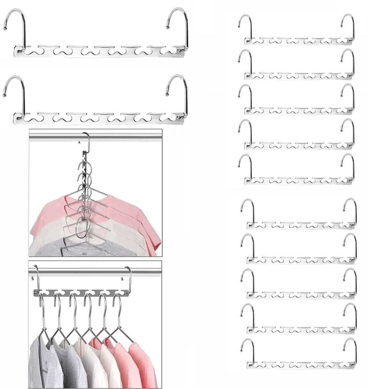 12 perchas de acero inoxidable para guardar ropa: perchas ahorradoras de espacio, de 6 agujeros ...