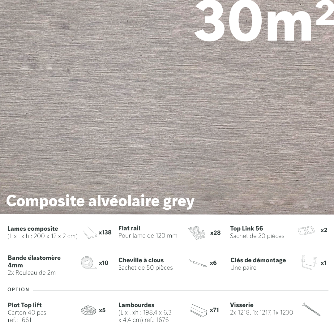 30m2 - Kit terrasse complet Composite gris 2.1x12x200 cm - rail ...