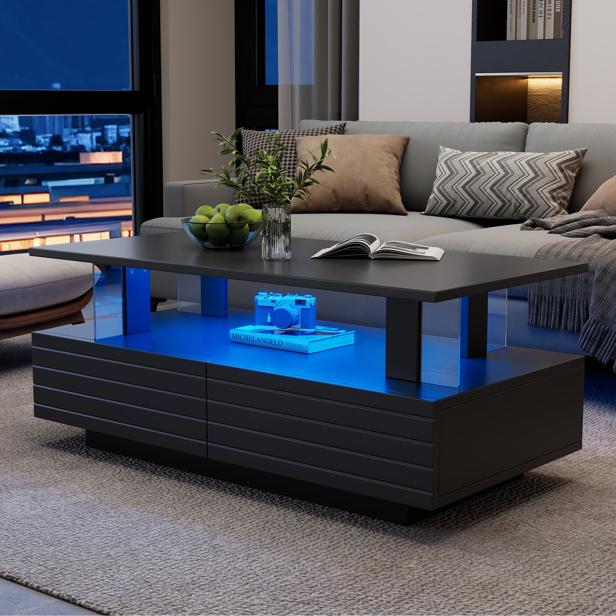 Table basse 100x50x42cm multifonction LED moderne acrylique Noir ...