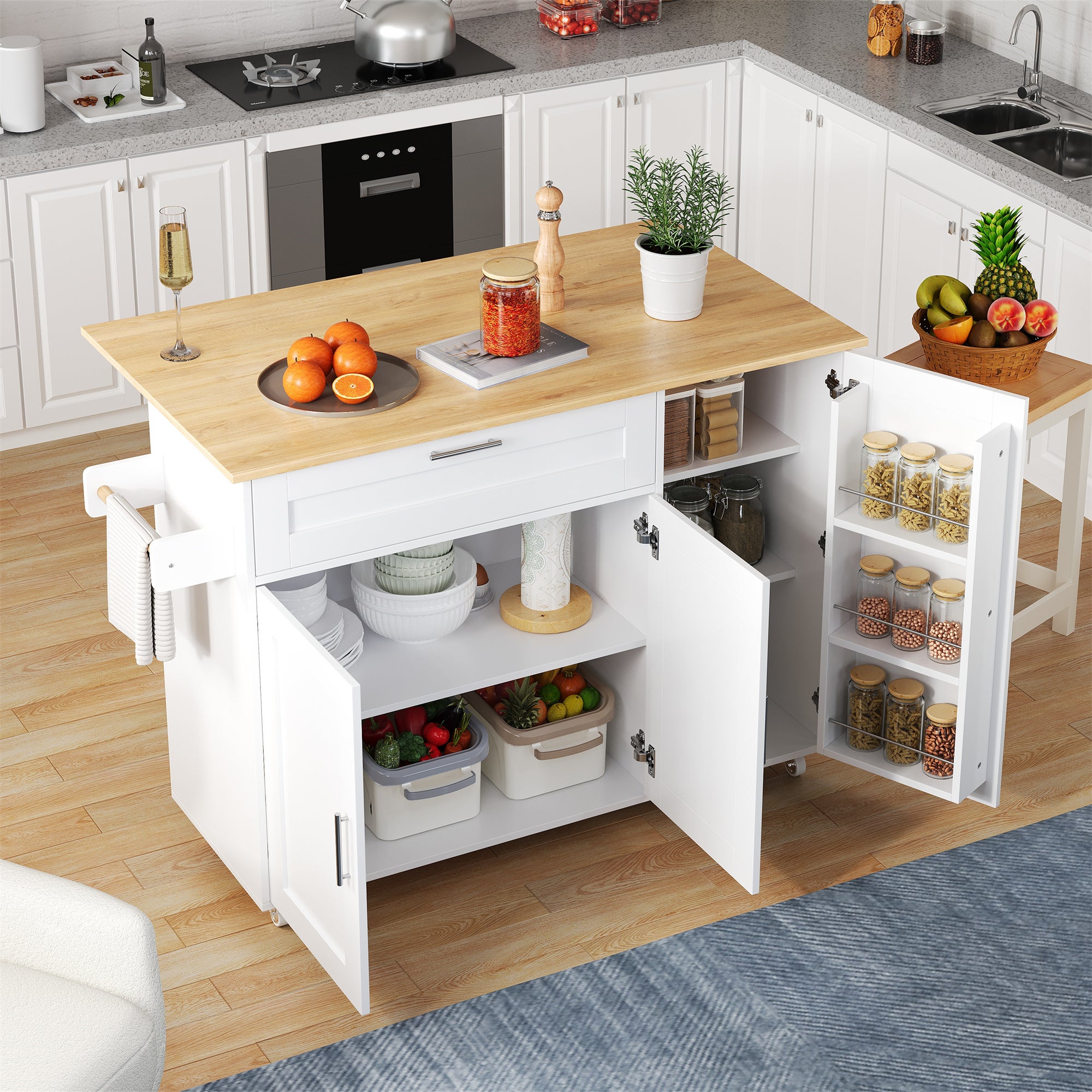 Isla de cocina móvil con 3 puertas y 1 cajón - Tablero extensible - 132 ...