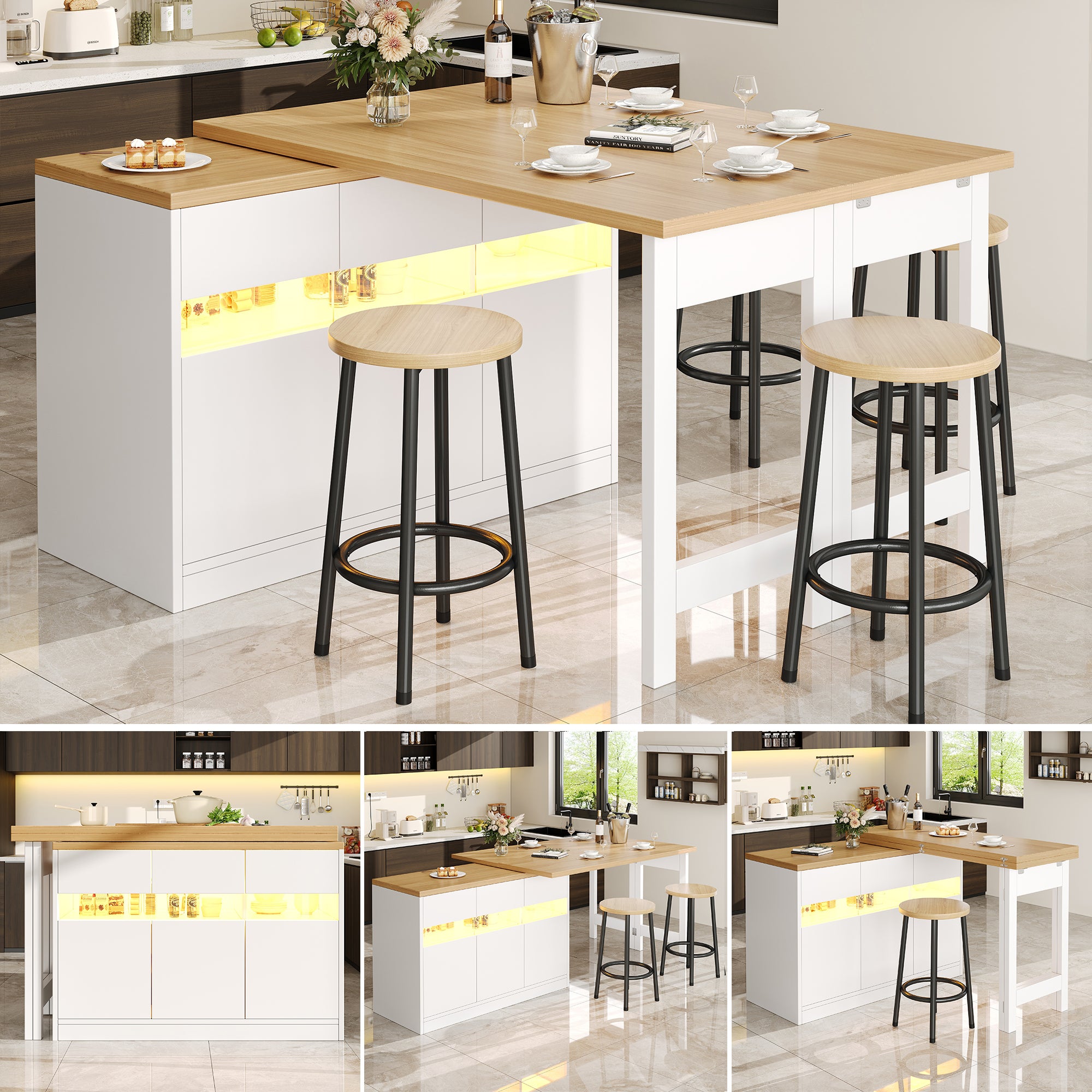 Meuble de bar extensible avec plateau pliable et 3 portes - 120/180 x ...