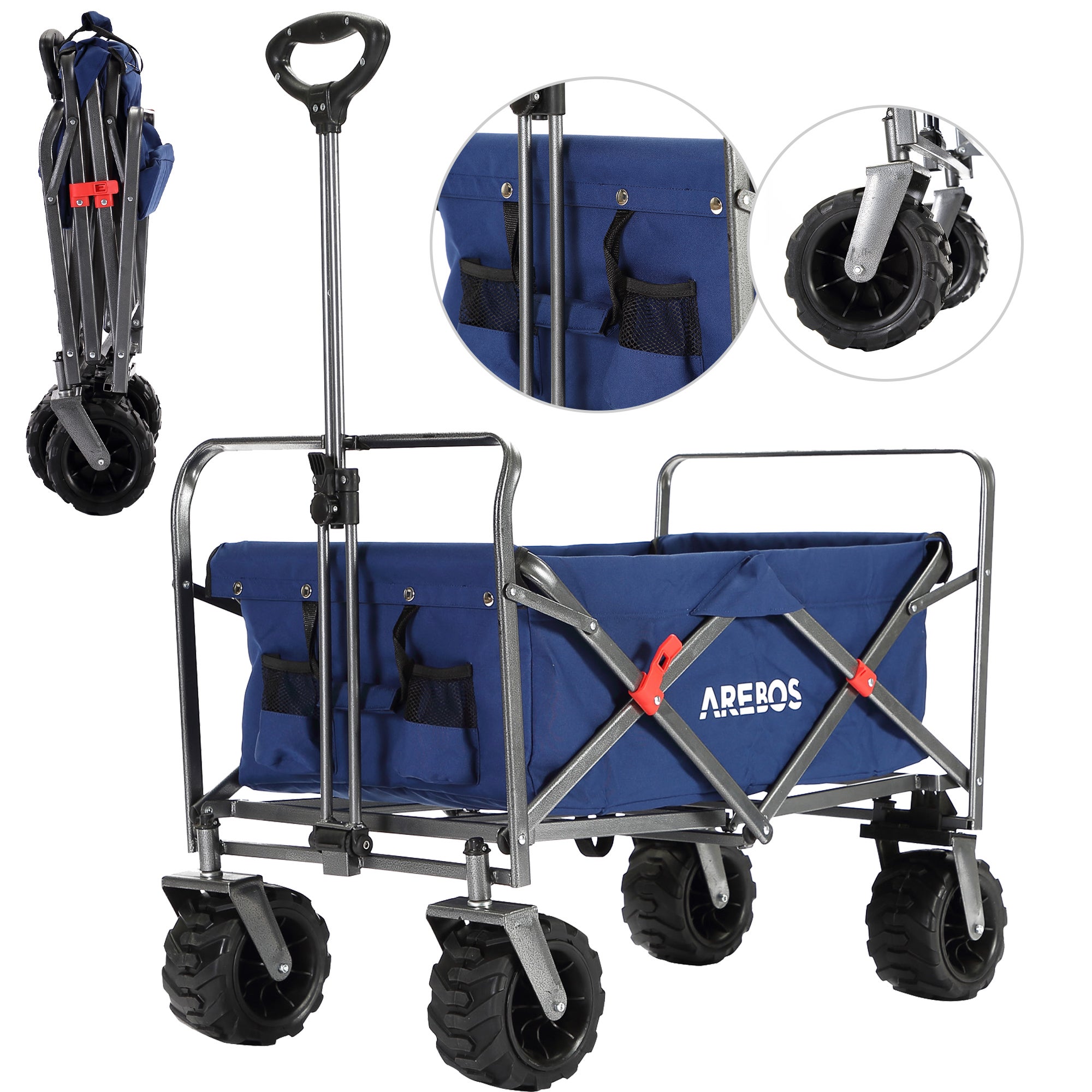 AREBOS Chariot à main Chariot de jardin Barre de poussée Pliable Bleu ...