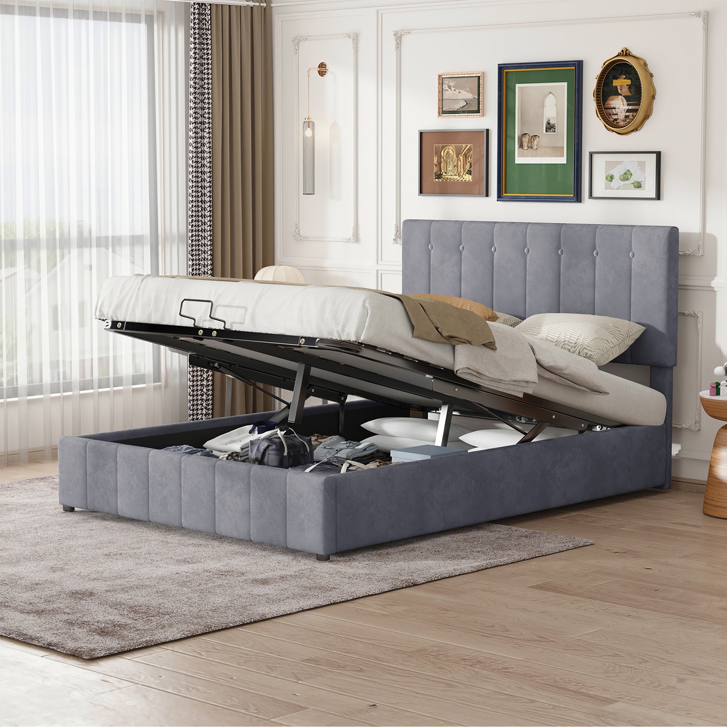 Lit coffre Lit double lit capitonnée réglable en hauteur avec rangement ...