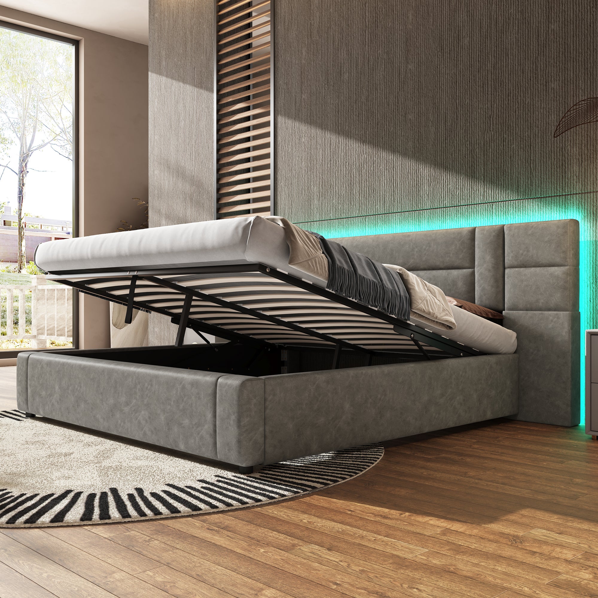 Lit tapissé LED 180 x 200 cm, lit hydraulique, avec éclairage LED, avec ...