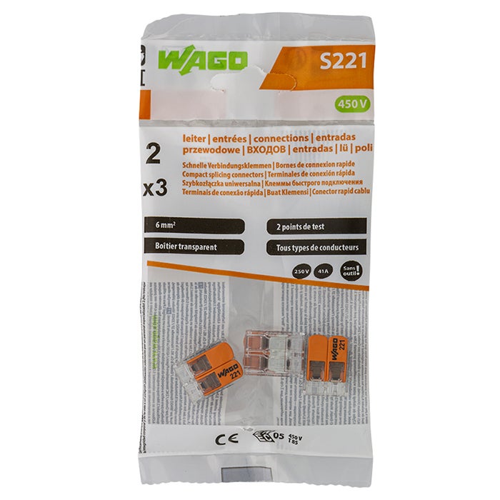 Sachet de 3 bornes S221 2 entrées fils souples et rigides 0.5 à 6mm²-WAGO | Bricoman