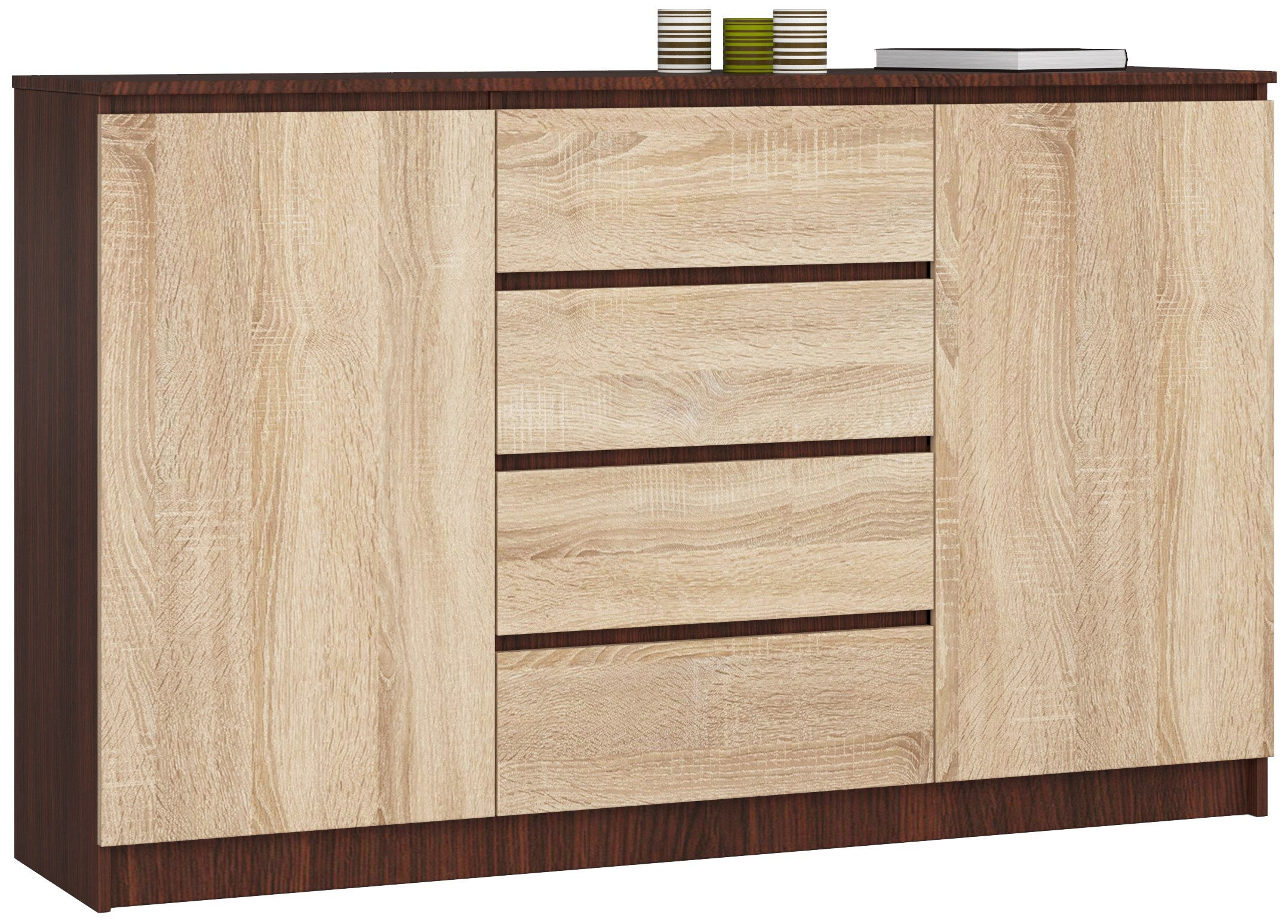 Commode : quatre tiroirs, deux portes, quatre étagères, couleur : wengé ...