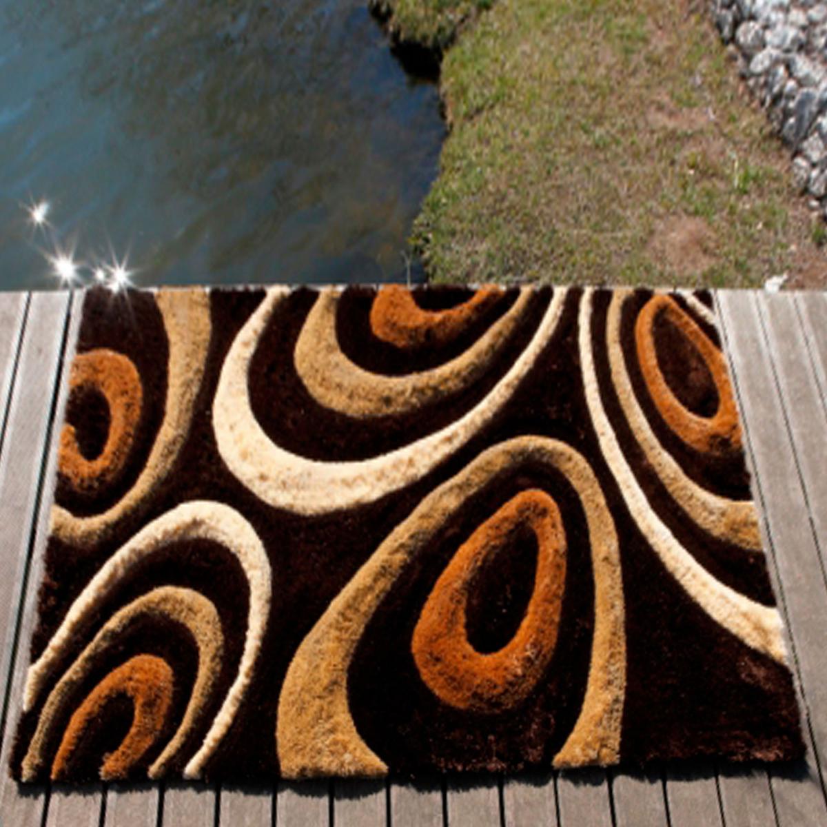 Tapis shaggy 200x300 rectangle fait main marron motif rond TSUNAMI ...