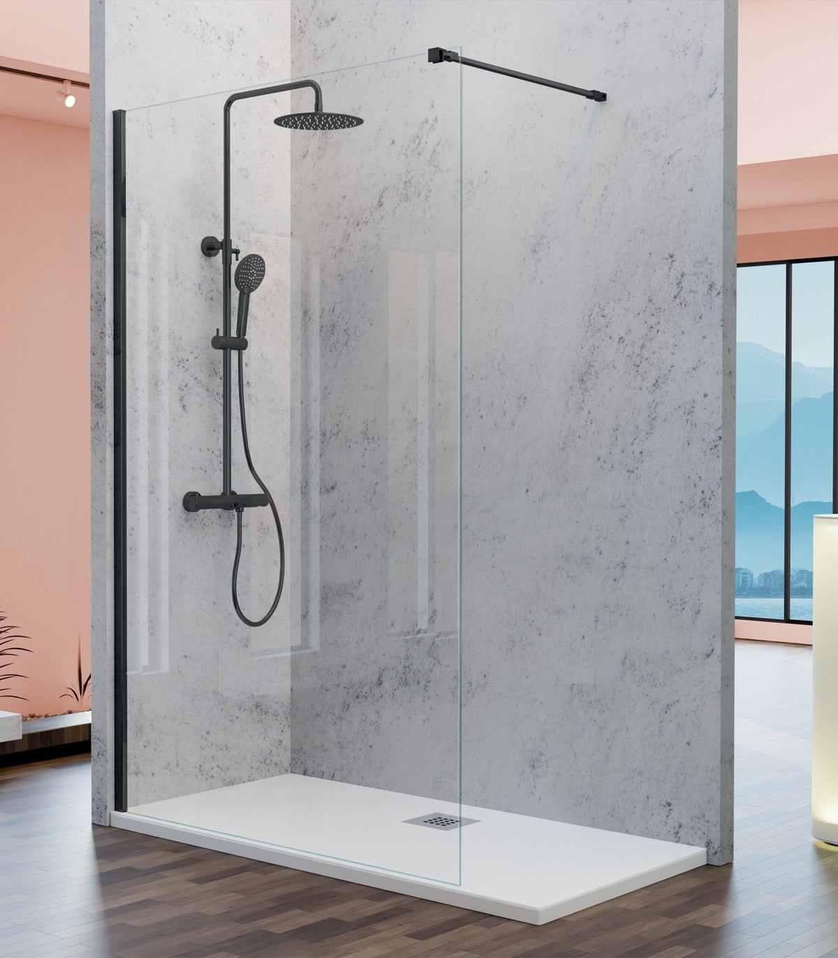 Panel fijo de ducha FRESH Negro mate 108.5/110 cm - Reversible - Trat ...