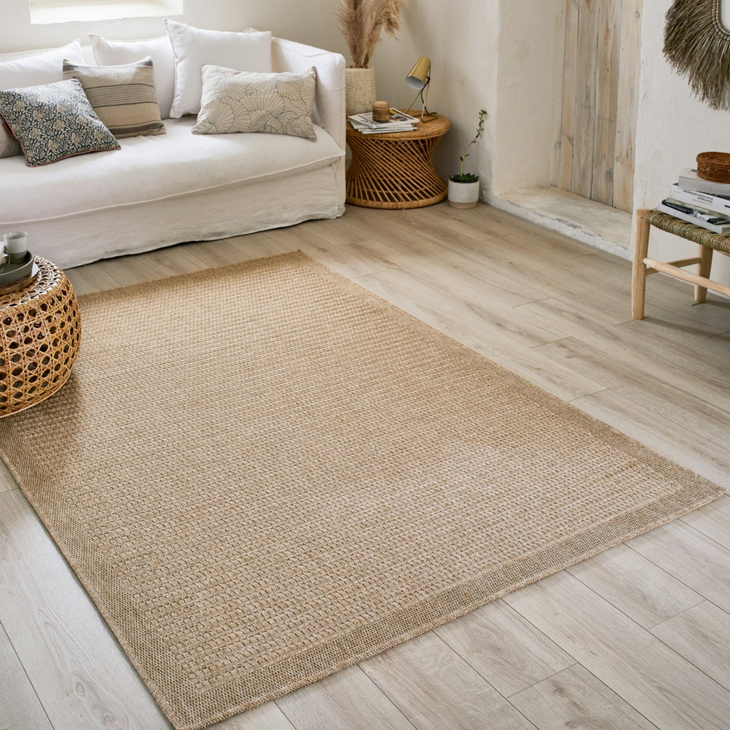 Tapis intérieur/extérieur rectangulaire effet toile de jute beige 120 x ...